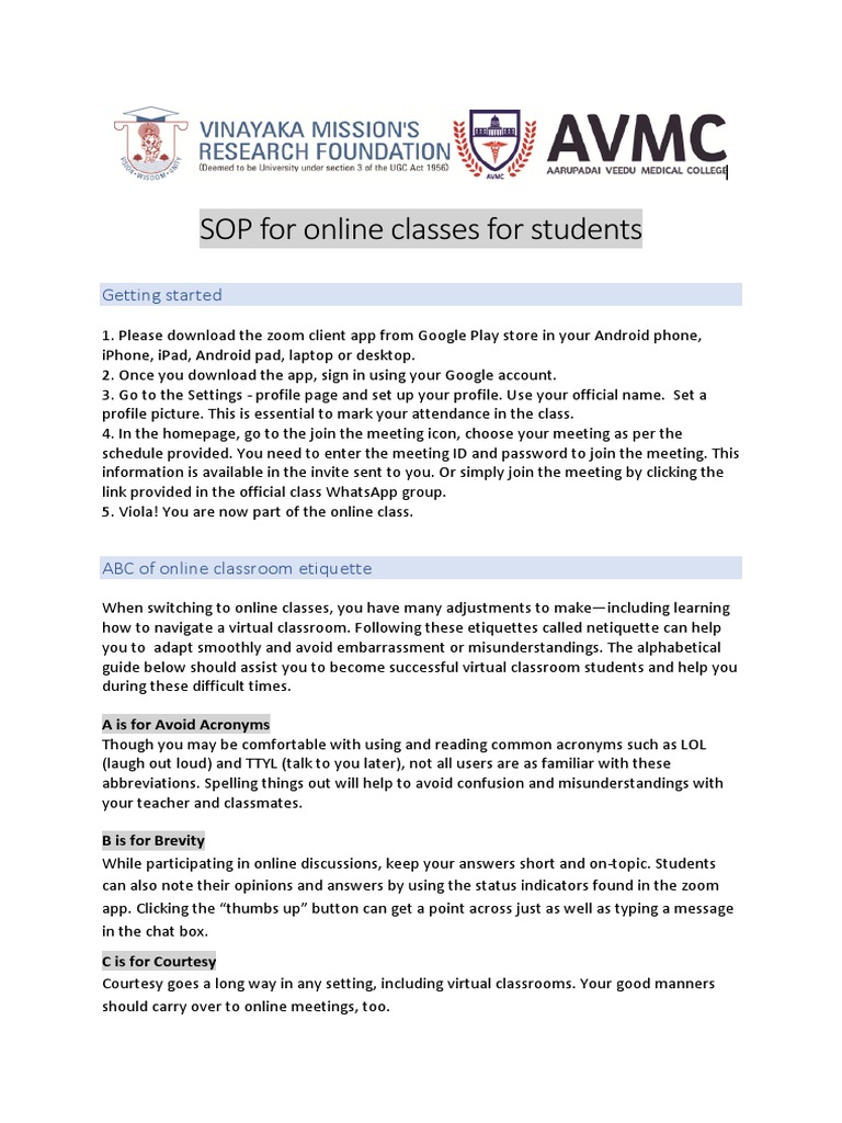 SOP For Online Classes For Students | PDF | Classroom | Educational ...