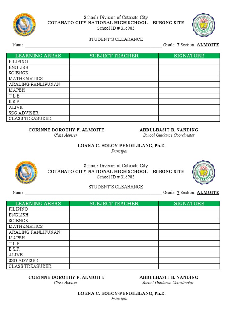 Learning Areas Subject Teacher Signature: Class Adviser School Guidance ...