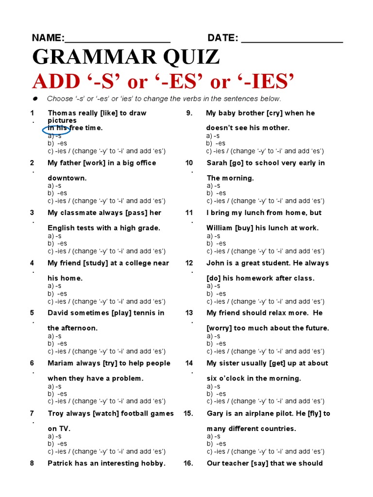 ADD - S' or - ES' or - IES': Grammar Quiz | PDF | Syntactic ...