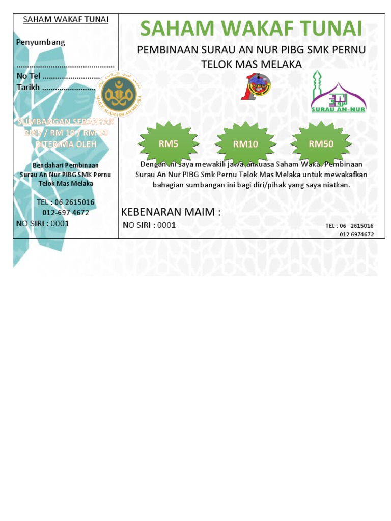 Saham Wakaf Tunai - Resit | PDF