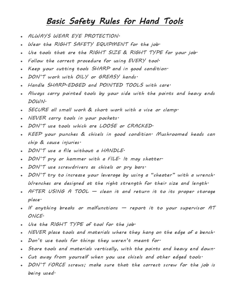 Basic Safety Rules For Hand Tools | PDF