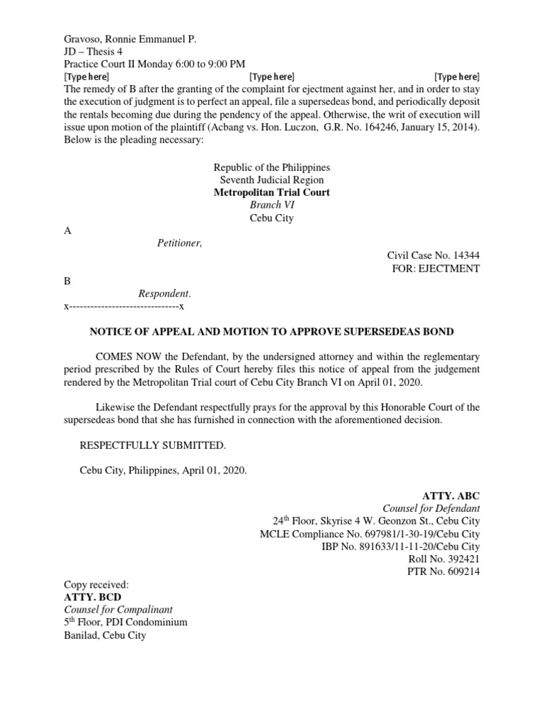 Ejectment Pleading PDF | PDF | Supersedeas Bond | Pleading