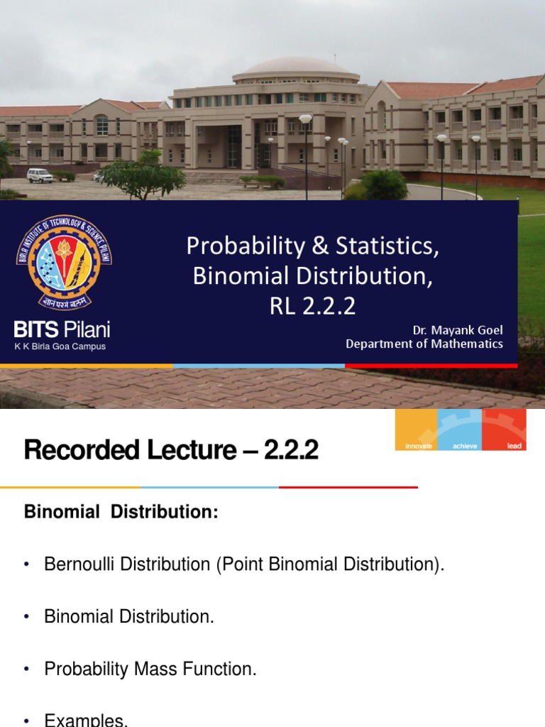 Probability & Statistics, Binomial Distribution, RL 2.2.2: BITS Pilani | PDF | Probability ...