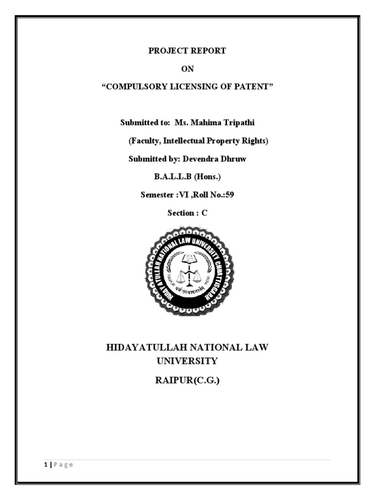 Project Report ON "Compulsory Licensing of Patent": Hidayatullah ...