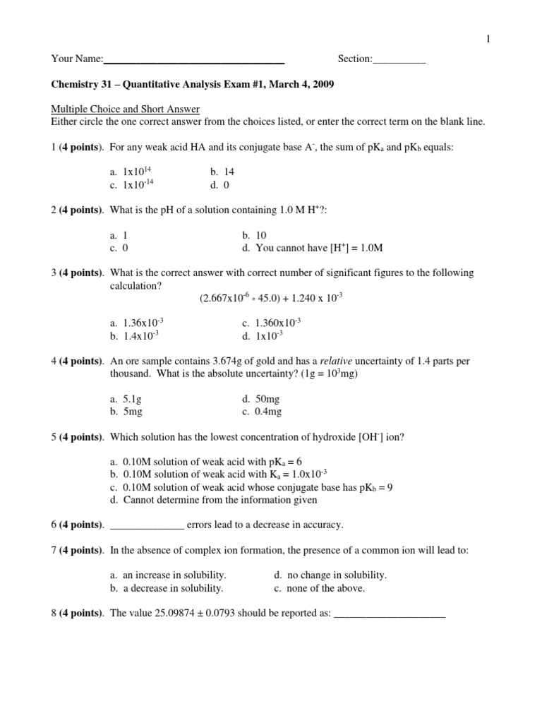Chemistry 31 - Quantitative Analysis Exam #1, March 4, 2009 | PDF ...