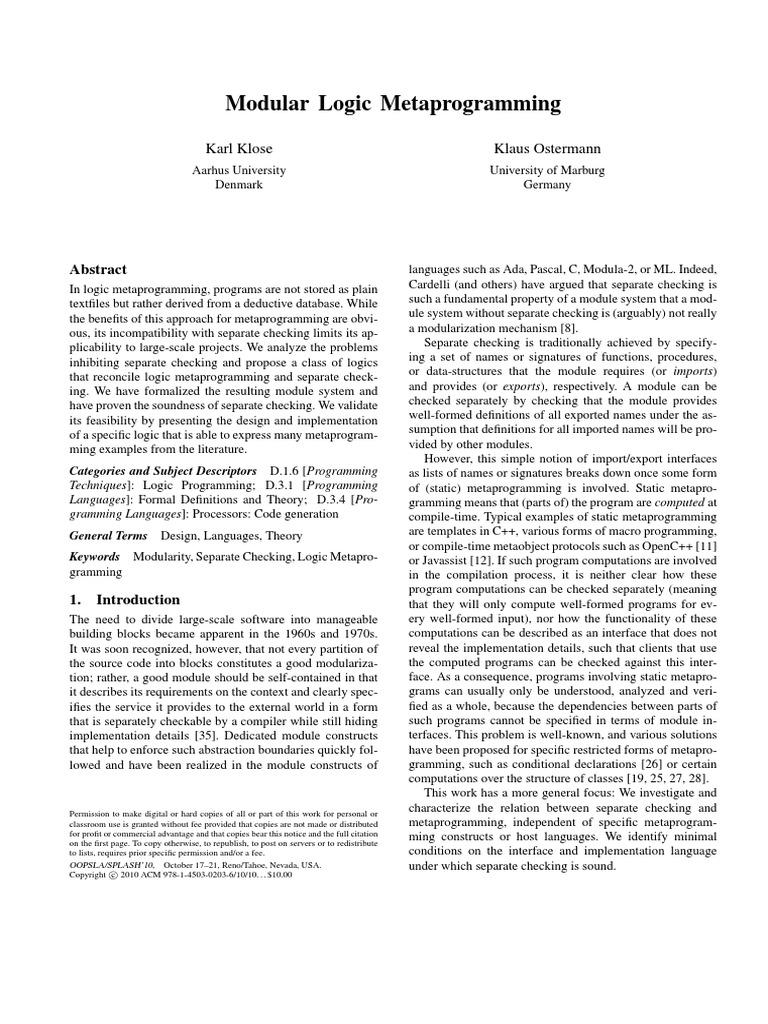 Modular Logic Metaprogramming: Karl Klose Klaus Ostermann | PDF | Class (Computer Programming ...