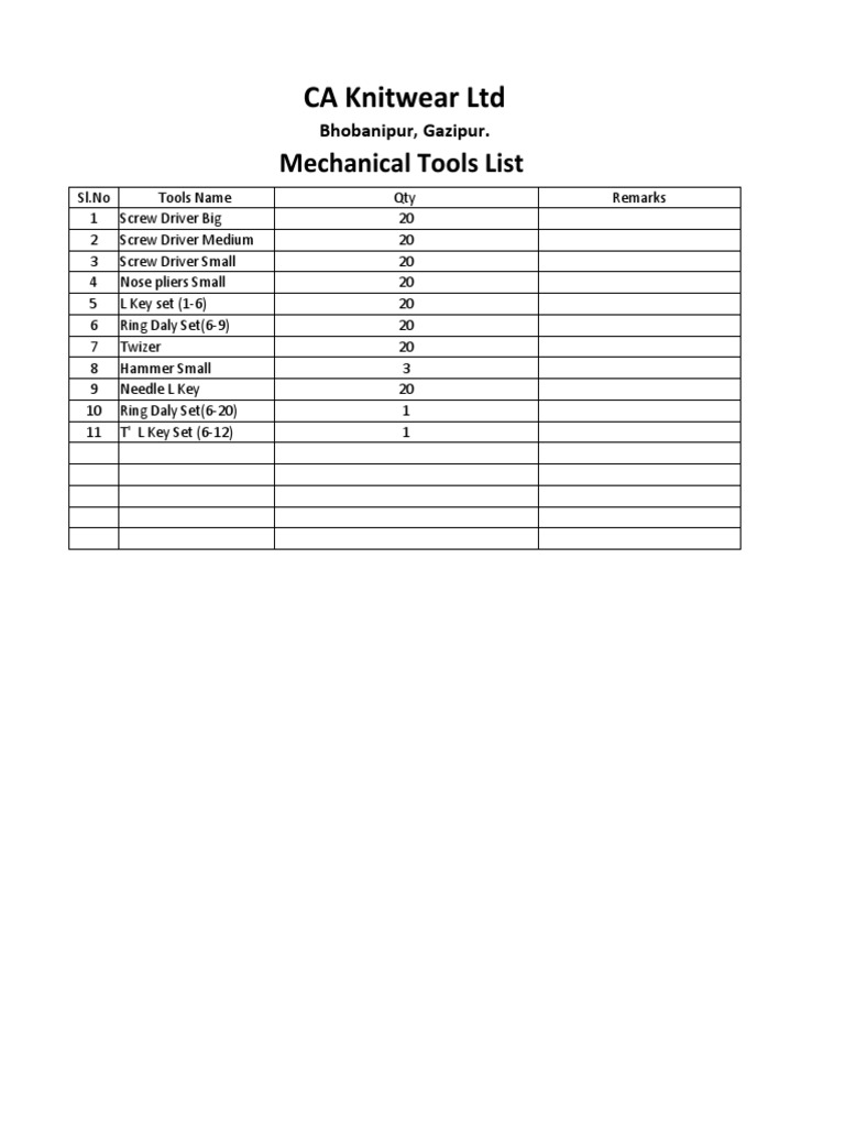 Mechanical Tools List | PDF