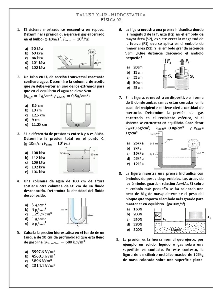 Taller 01 U2 Hidrostatica Pdf Pdf Presión Física