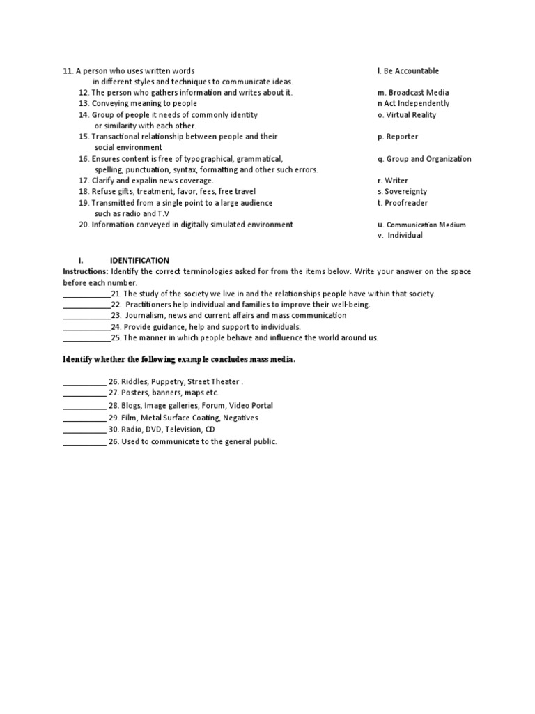 I. Identification Instructions: Identify The Correct Terminologies ...