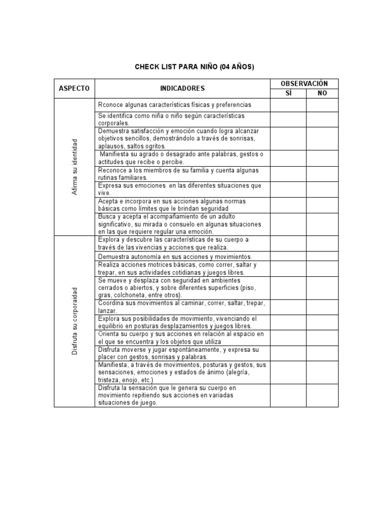 Check List para Niño | PDF | Las emociones | Conceptos psicologicos