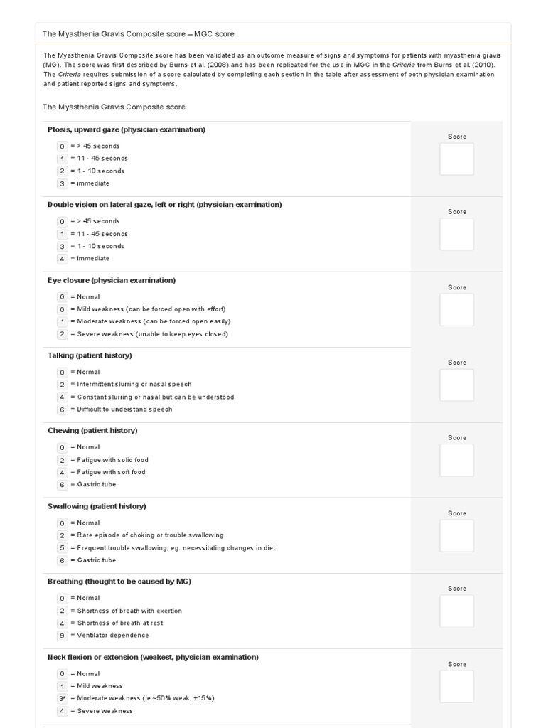 The Myasthenia Gravis Composite Score - MGC Score | PDF | Neurology ...