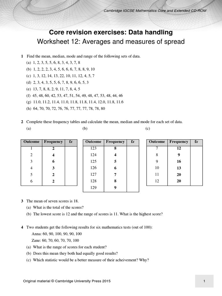 Worksheet 12: Averages and Measures of Spread: Core Revision Exercises ...