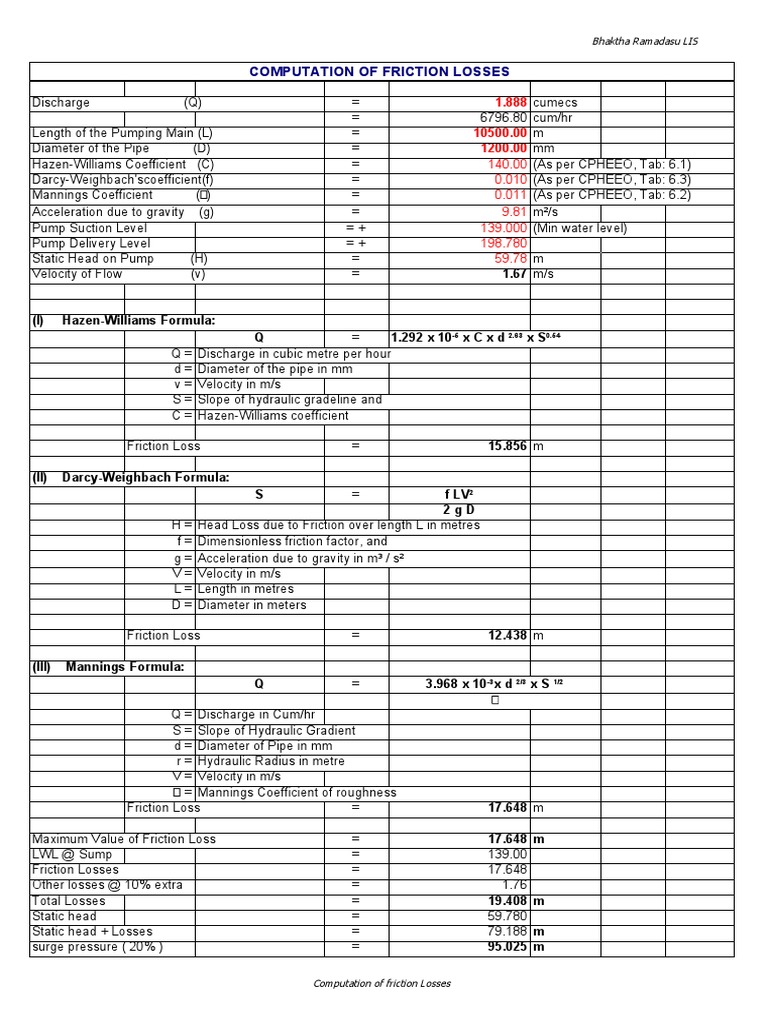 Friction Loss Calculation for Pumps | PDF | Friction | Liquids