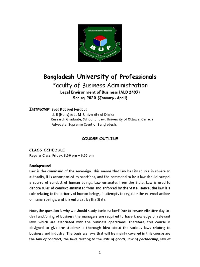 A - Course Outline - BUP | PDF | Legal Remedy | Employment