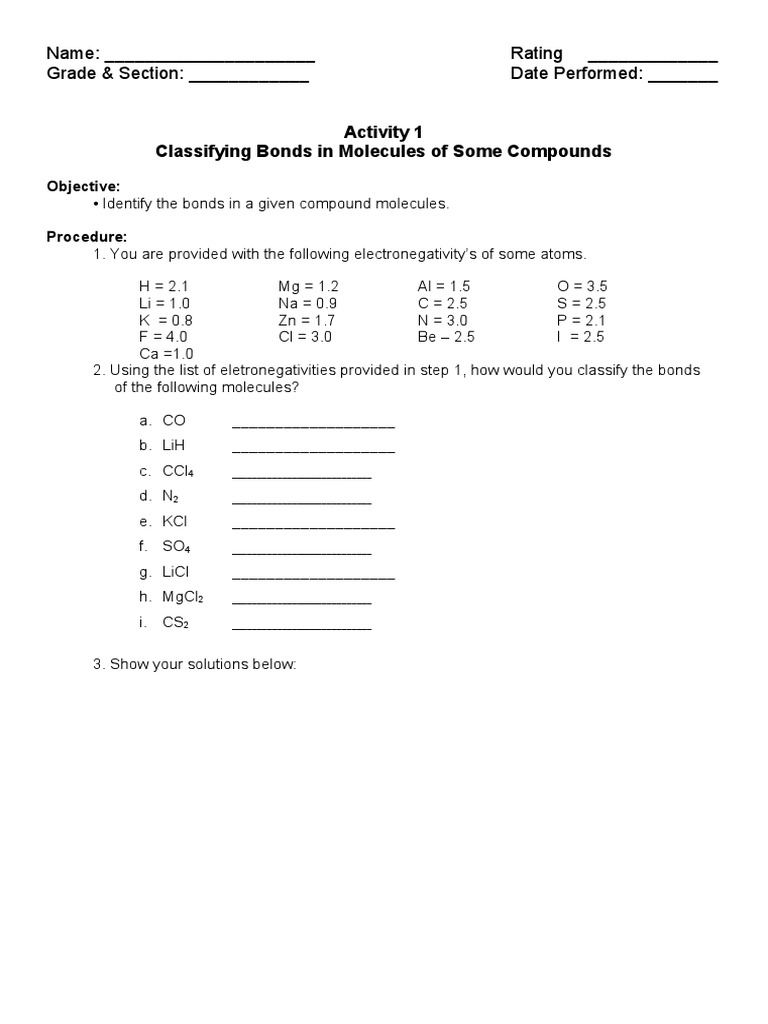 Activity Classifying Bonds of Molecules G12 | PDF | Science & Mathematics