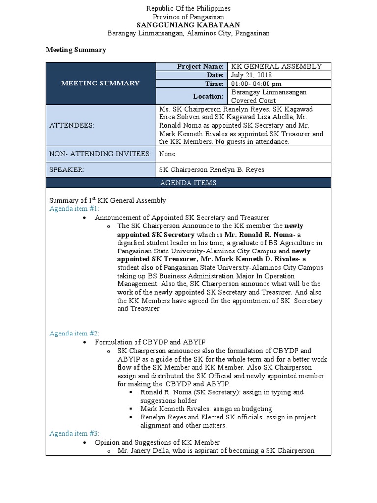KK Assembly Meeting Summary | PDF | Government