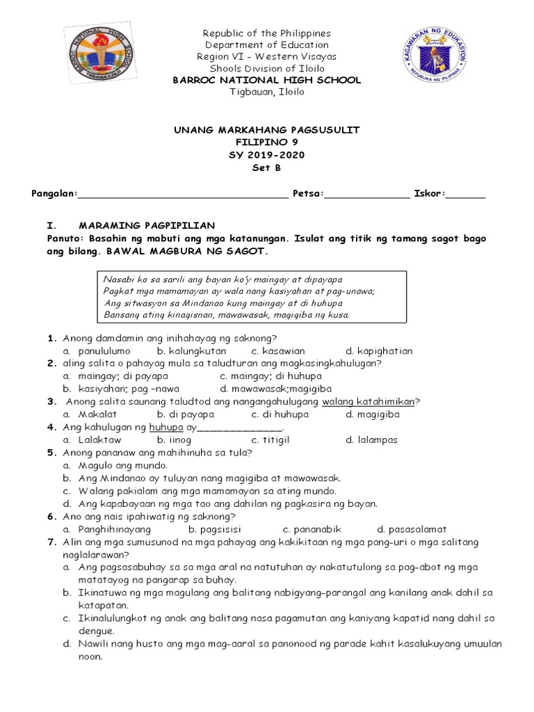 Filipino 9 Pagsusulit | PDF