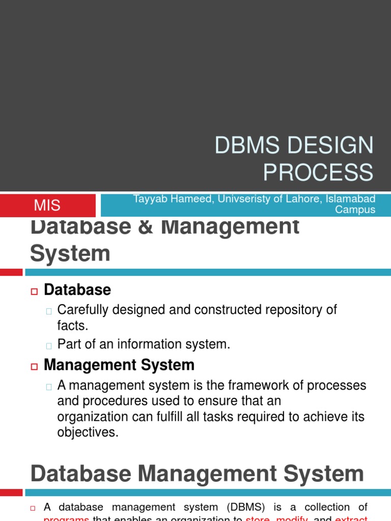 Dbms Design Process: Tayyab Hameed, Univseristy of Lahore, Islamabad ...
