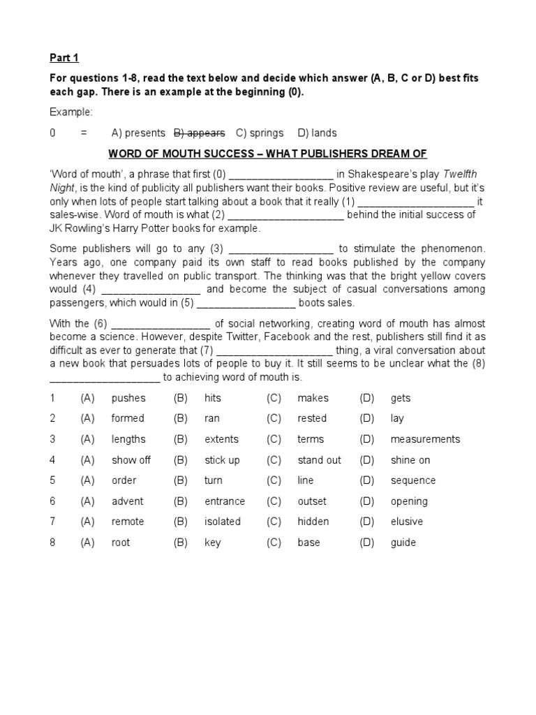 For Questions 1-8, Read The Text Below and Decide Which Answer (A, B, C or D) Best Fits Each Gap ...
