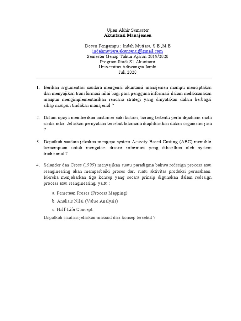Soal Uas Akuntansi Manajemen (SMT 4 2019 - 2020) | PDF