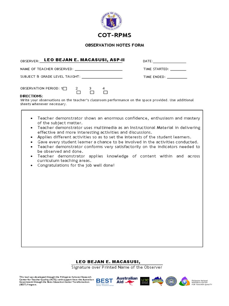 Cot-Rpms: Observation Notes Form | PDF