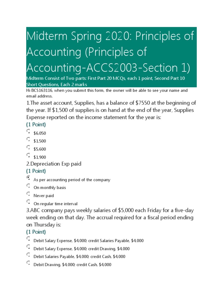 Midterm Exam for Principles of Accounting: Multiple Choice Questions ...