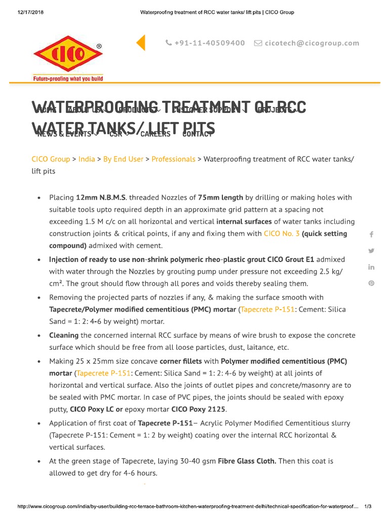 CICO - Waterproofing Treatment of RCC Water Tanks - Lift Pits | PDF