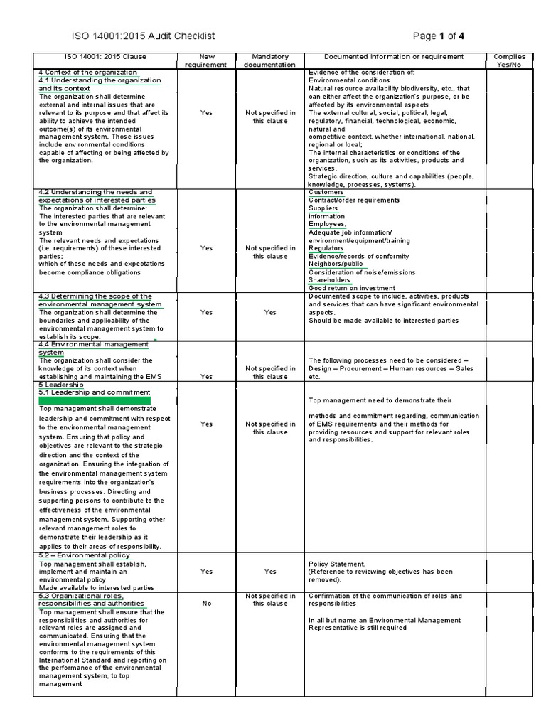 ISO 14001:2015 Audit Checklist Guide | PDF | Environmental Resource ...