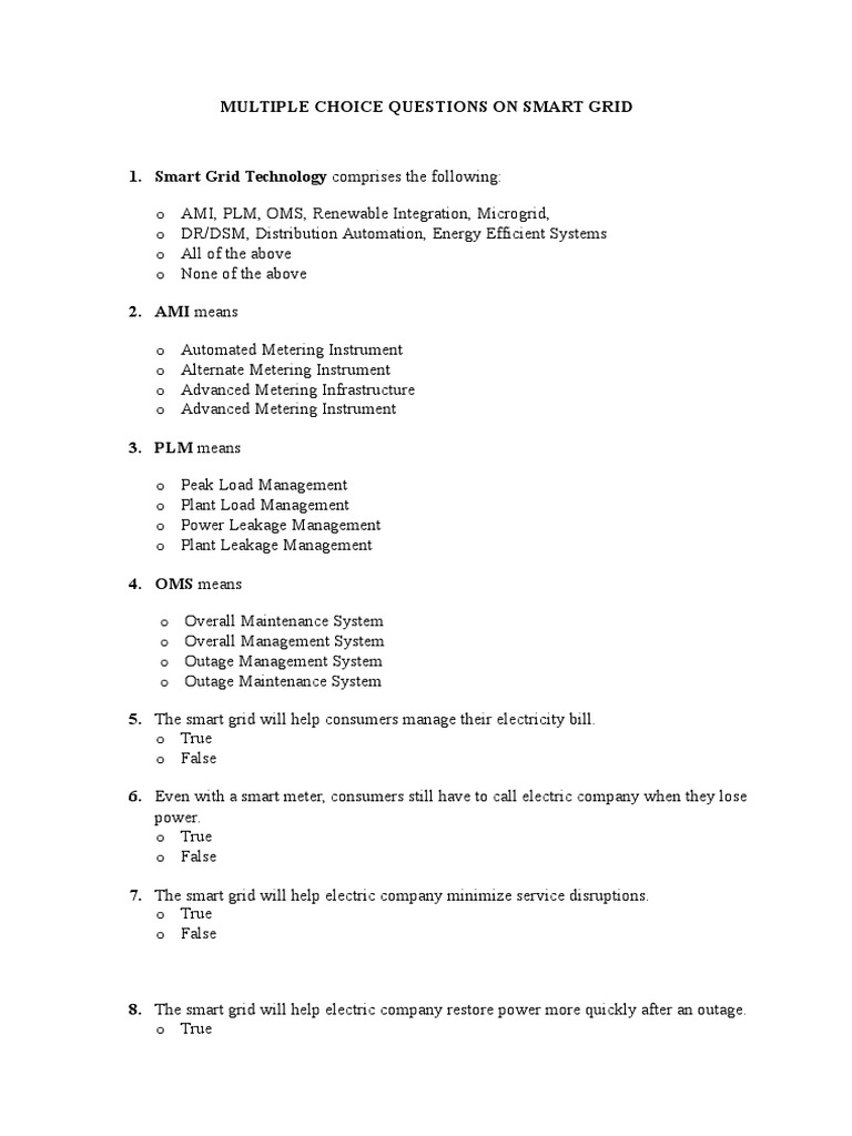 Smart Grid MCQs with Answers | PDF | Smart Grid | Electrical Grid
