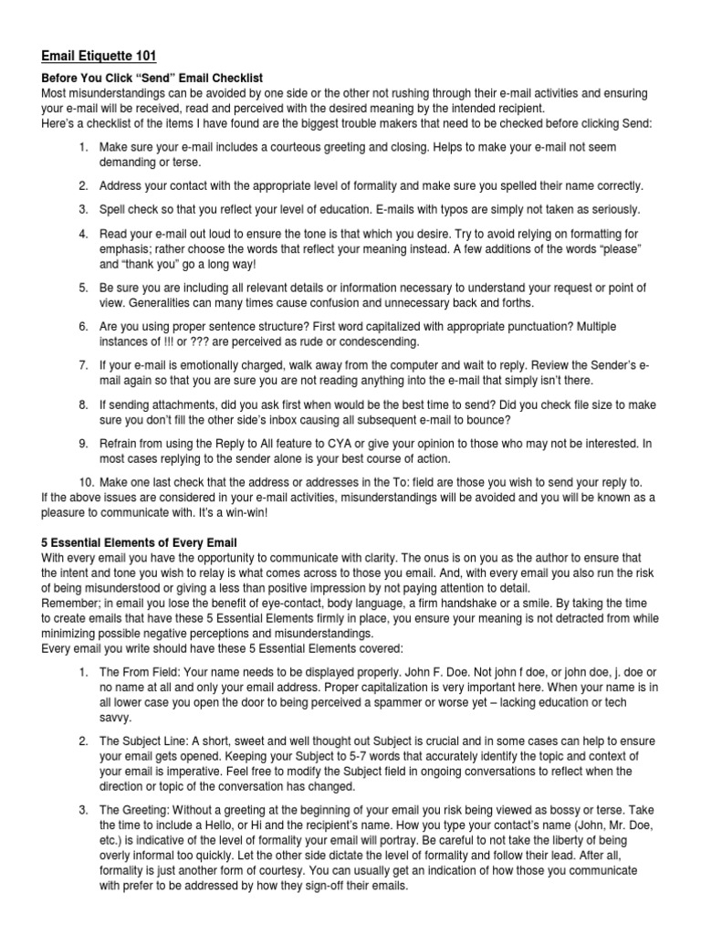 Email Etiquette 101: Before You Click "Send" Email Checklist | PDF ...