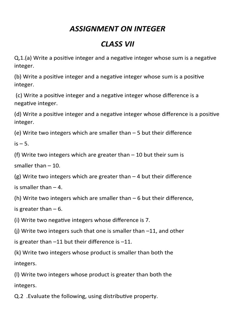 Class 7 Assignment on Integers | PDF