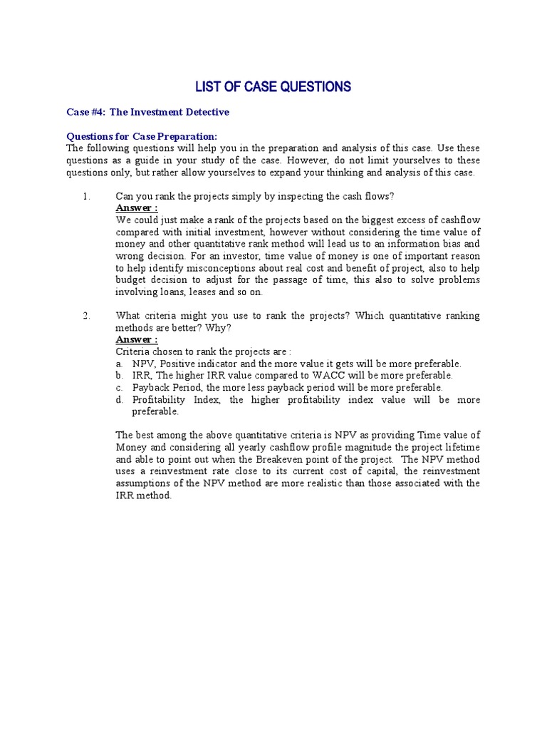 List of Case Questions: Case #4: The Investment Detective Questions For ...