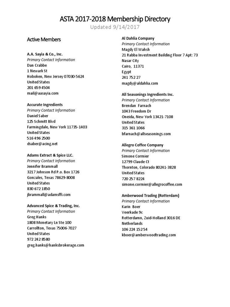ASTA 2017-2018 Membership Directory: Active Members | PDF | Business
