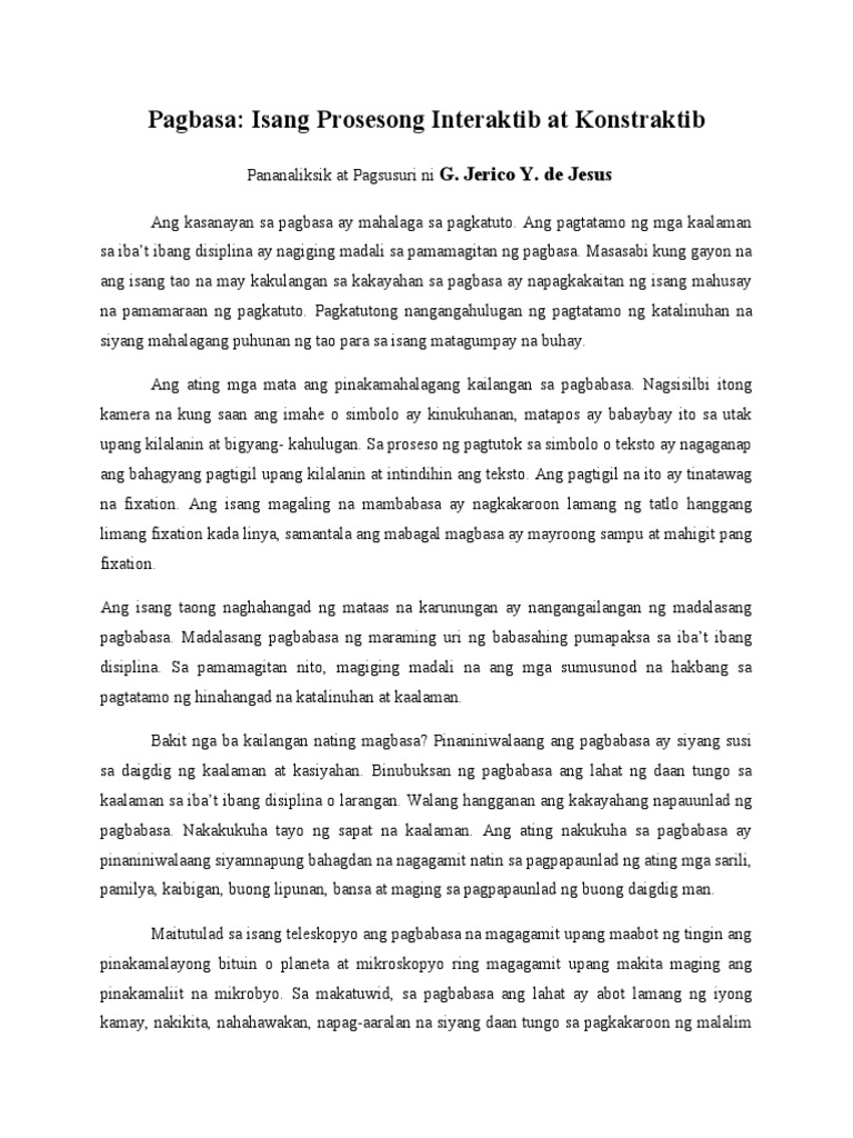 Final Na Pasulat Na Pagsasaliksik.... Pagbasa Prosesong Interaktibo | PDF