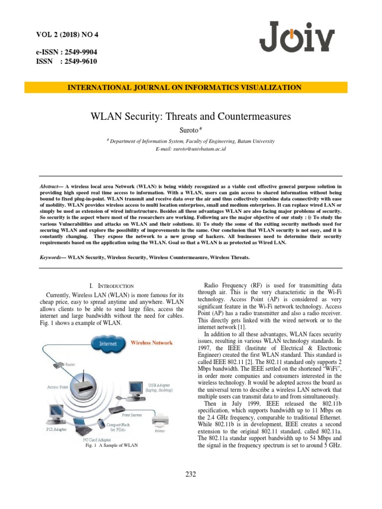 Wlan Security Threats And Countermeasures Vol 2 2018 No 4 E Issn 2549 9904 Issn 2549 9610