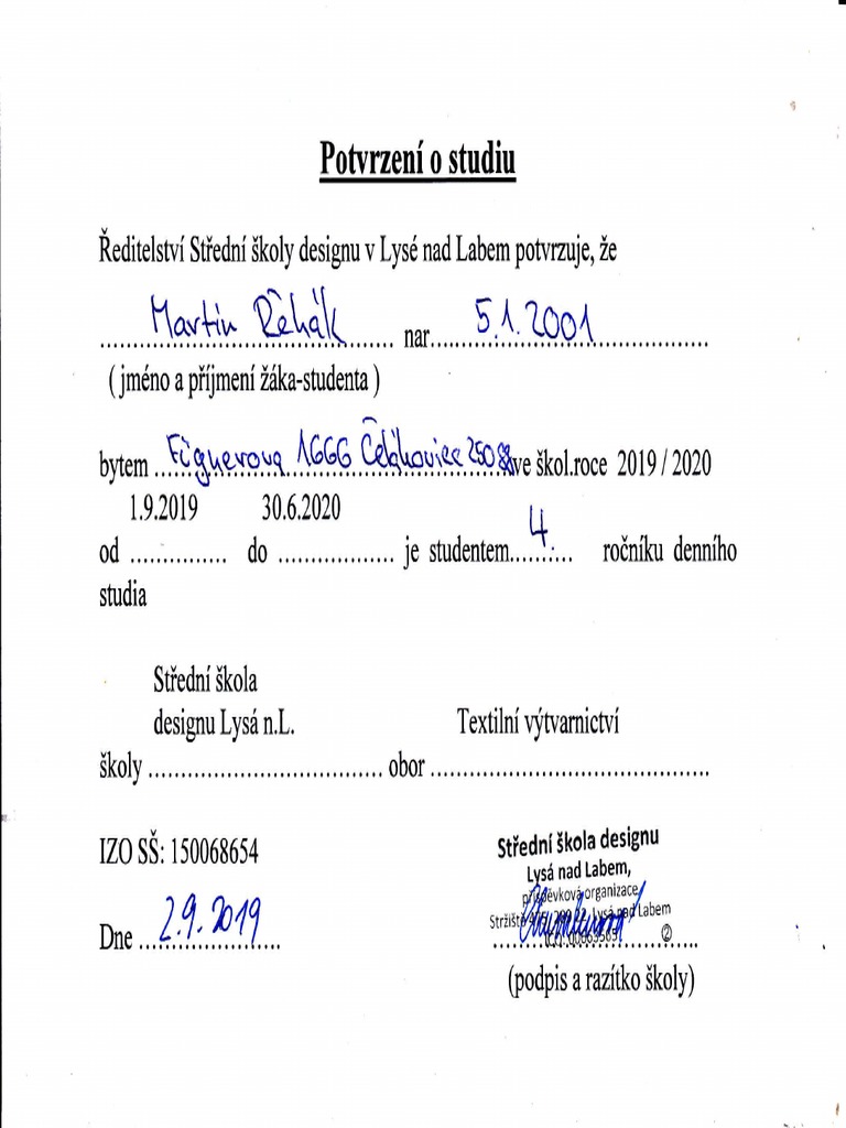 Potvrzeni o Studiu Martin Rehak | PDF