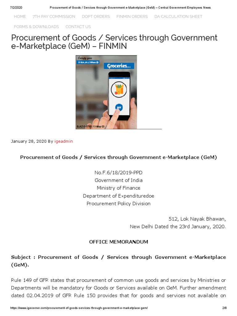 Procurement of Goods & Services Through Government E-Marketplace (GeM ...