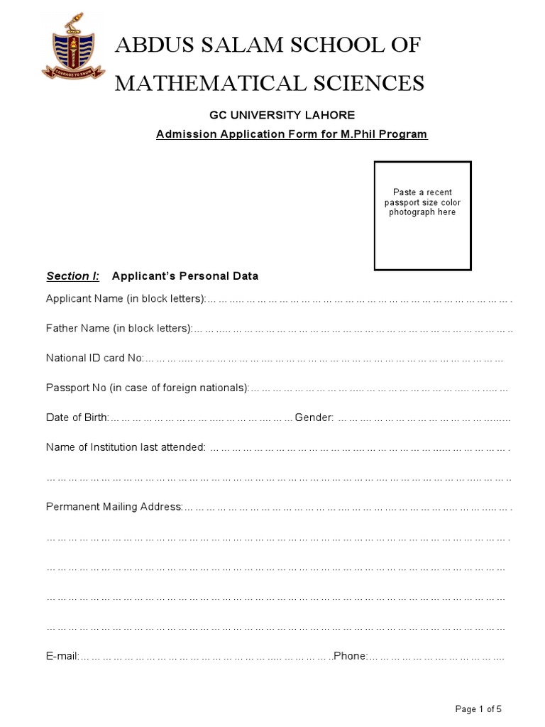 Admission Form MPhil ASSMS 1 | PDF | Bachelor Of Science | Master Of Science