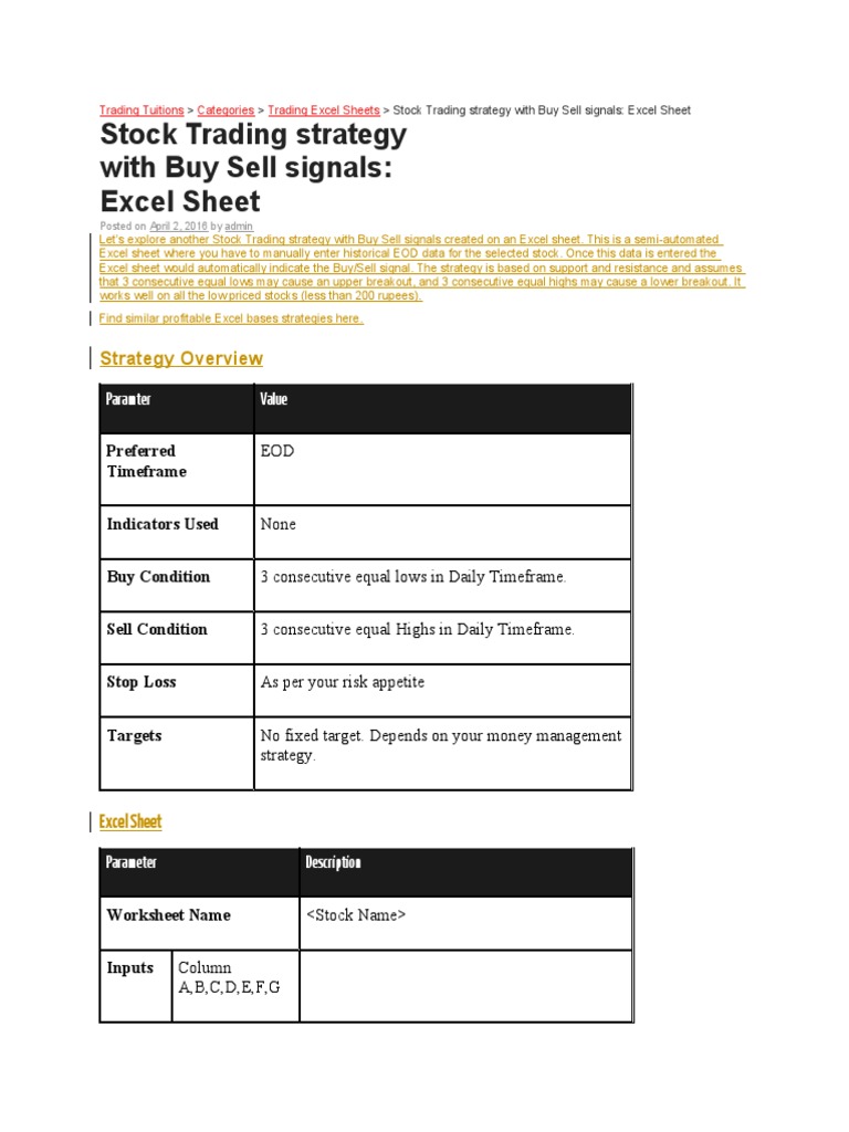 Stock Trading Strategy With Buy Sell Signals: Excel Sheet | PDF | Stocks | Parameter (Computer ...