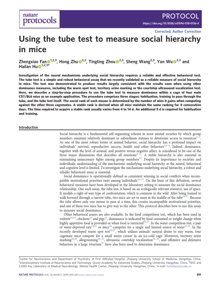 Using The Tube Test To Measure Social Hierarchy in Mice: Protocol | PDF ...