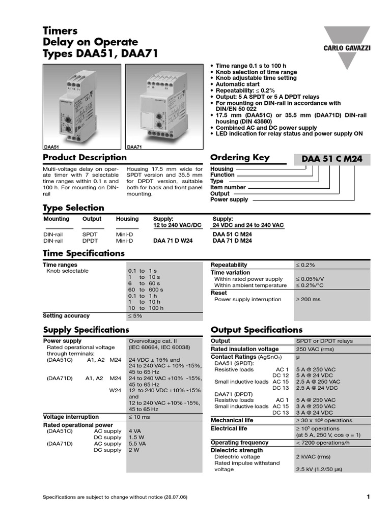 Delay On Operate Types DAA51, DAA71 Timers: Product Description Ordering Key DAA 51 C M24 ...