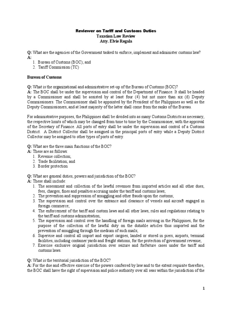 Reviewer On Tariff and Customs Duties | PDF | Customs | Trade