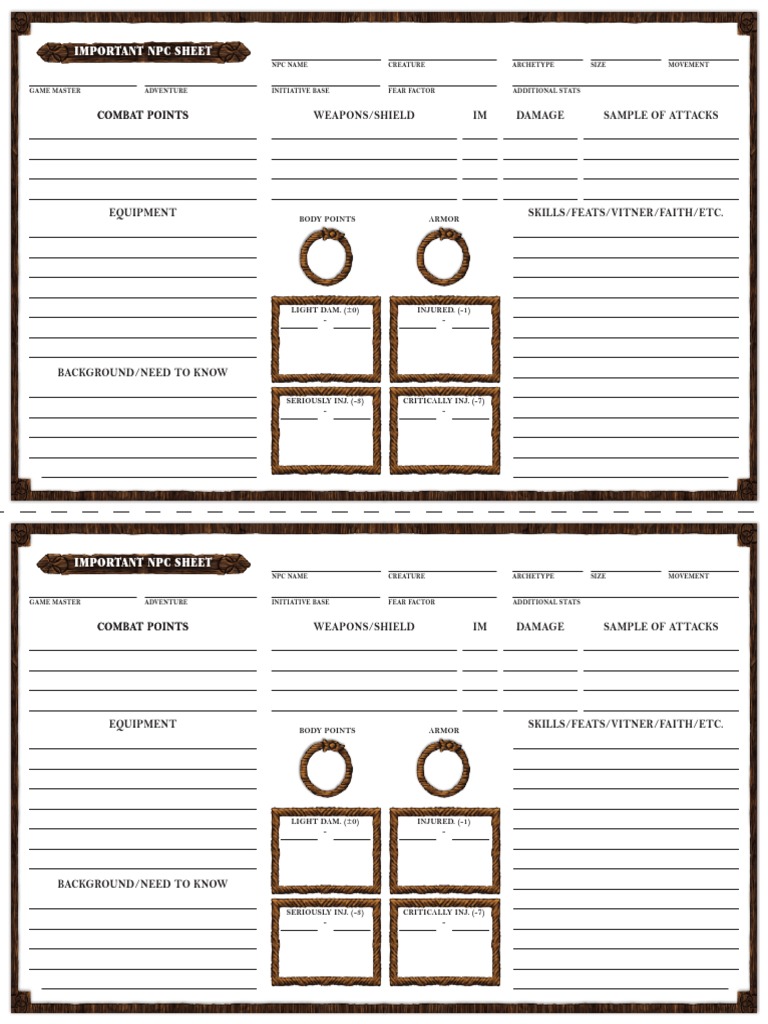 Important NPC Sheet: Armor Body Points | PDF | Shield | Role Playing Games