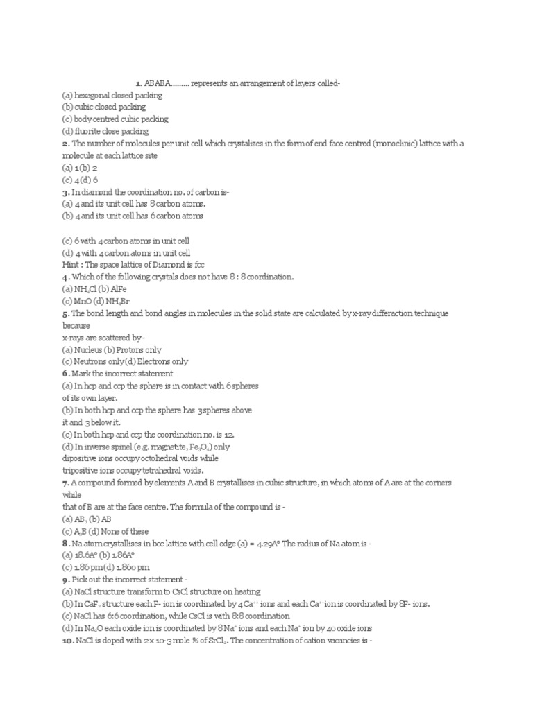 Solid State Physics MCQs | PDF | Crystal Structure | Ion
