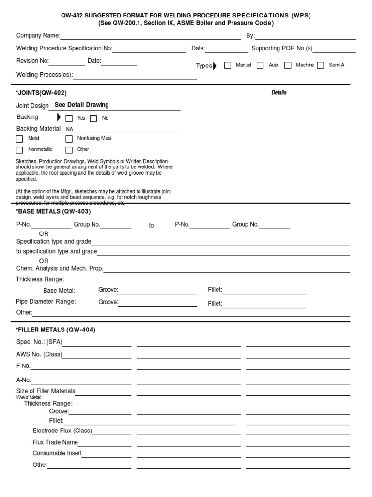 Qw-482 Suggested Format For Welding Procedure Specifications (WPS) (See ...