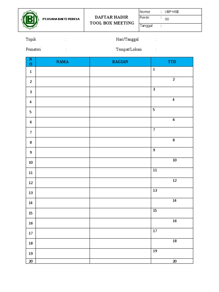 Daftar Hadir Tool Box Meeting | PDF