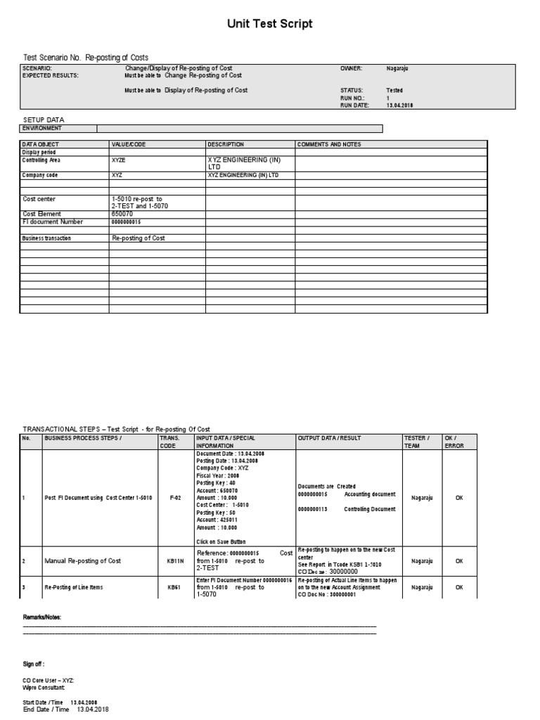 Unit Test Script: Test Scenario No. Re-Posting of Costs | PDF ...