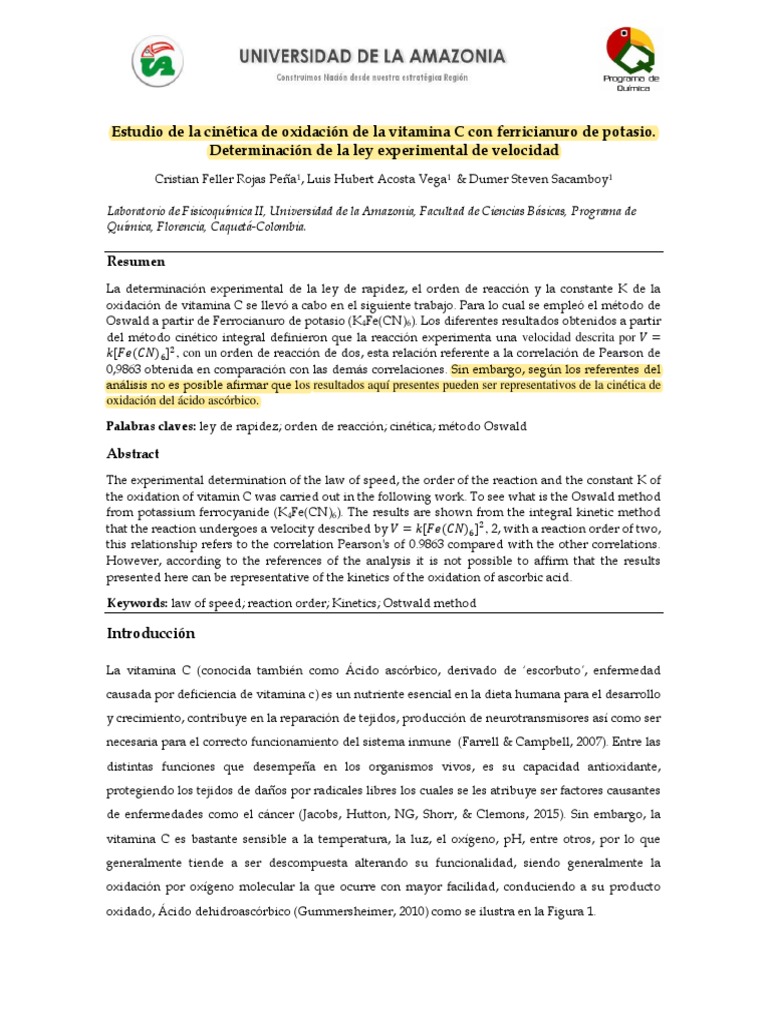Cinética de oxidación de vitamina C | PDF | Velocidad de reacción ...