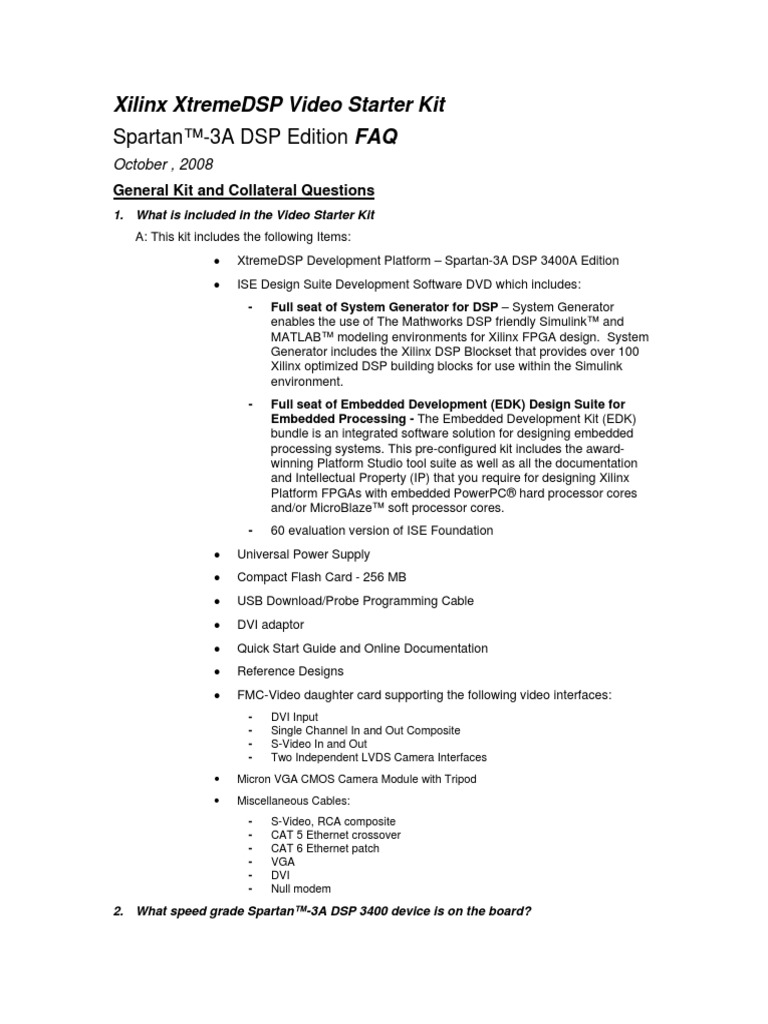Spartan™-3A DSP Edition Faq: Xilinx Xtremedsp Video Starter Kit | PDF | Field Programmable Gate ...