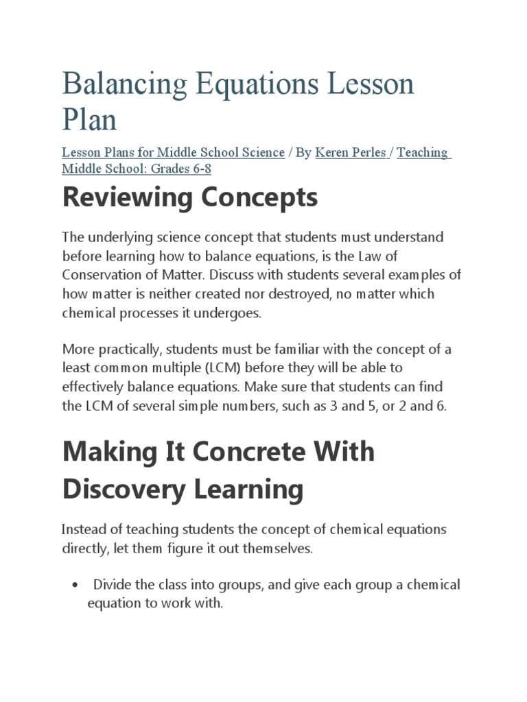 Balancing Equations Lesson Plan | PDF